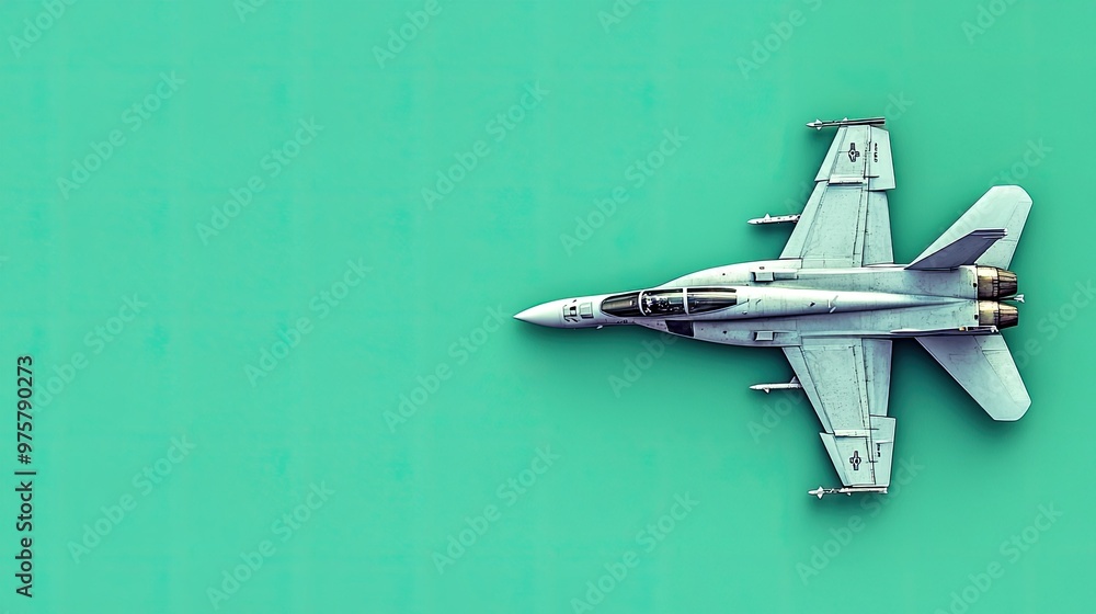 Side view of a fighter plane flying at an angle, shown against a green ...