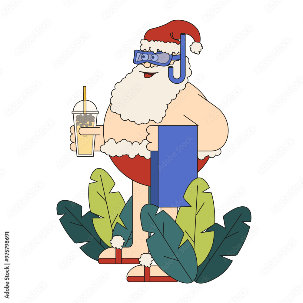Funky Santa in swimming tranks and asian bubble tea with tapioca pearls ...