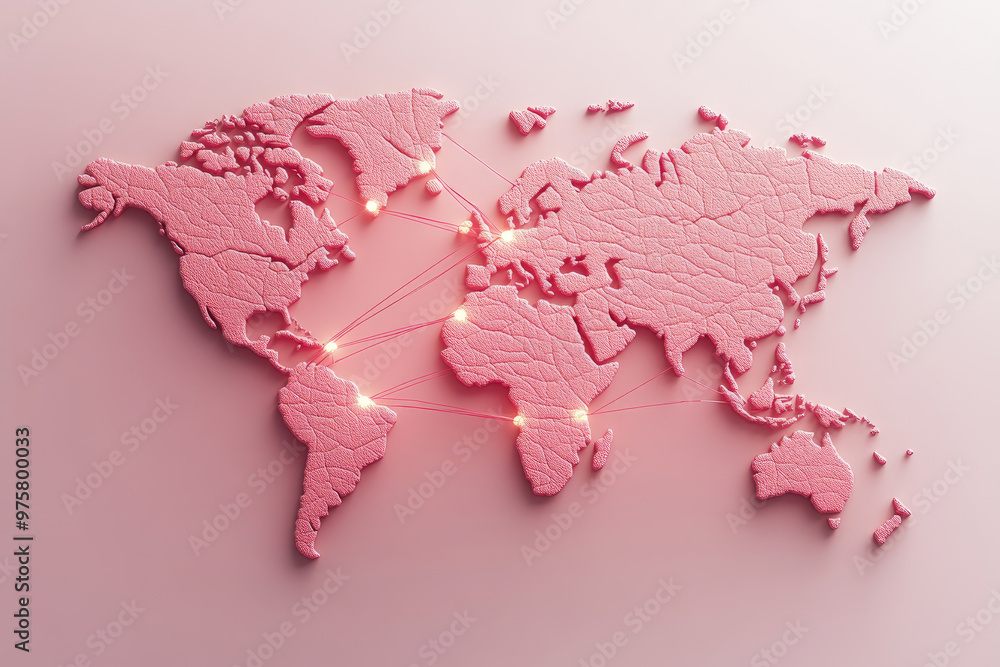 Pink textured world map with glowing connections highlighting global ...