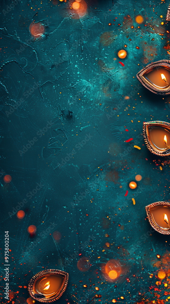 Festive Diwali card design with a deep teal background, adorned with ...