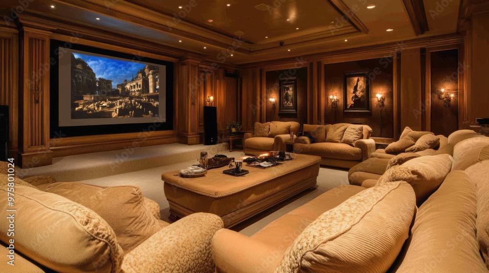 Luxurious home cinema with a large screen, plush seating, and ...