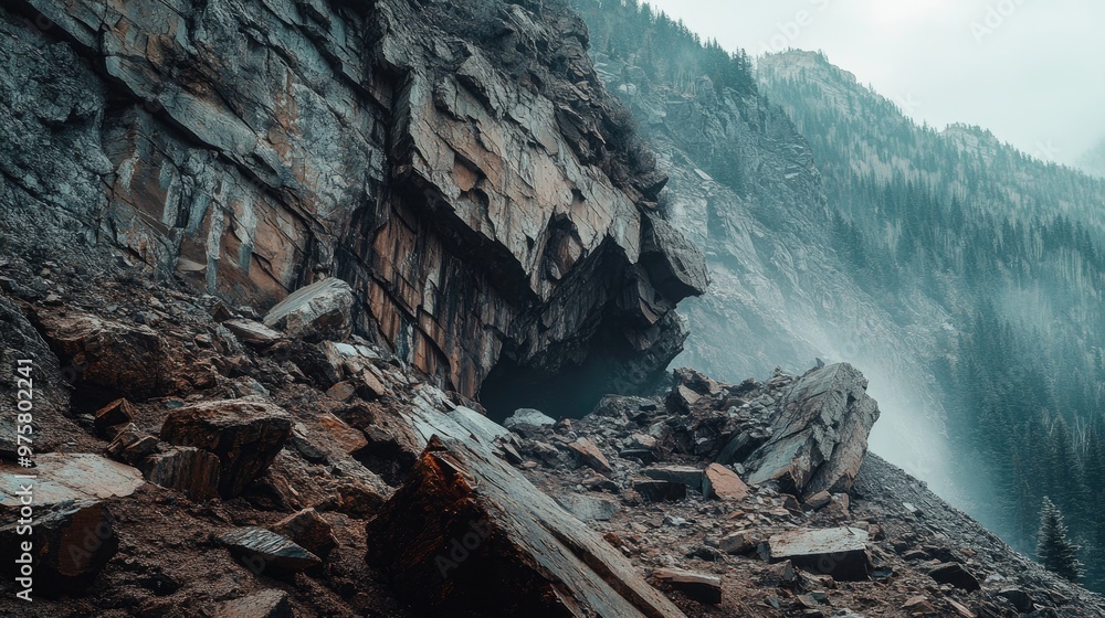 Massive rocks breaking away from a mountain cliff due to a landslide ...
