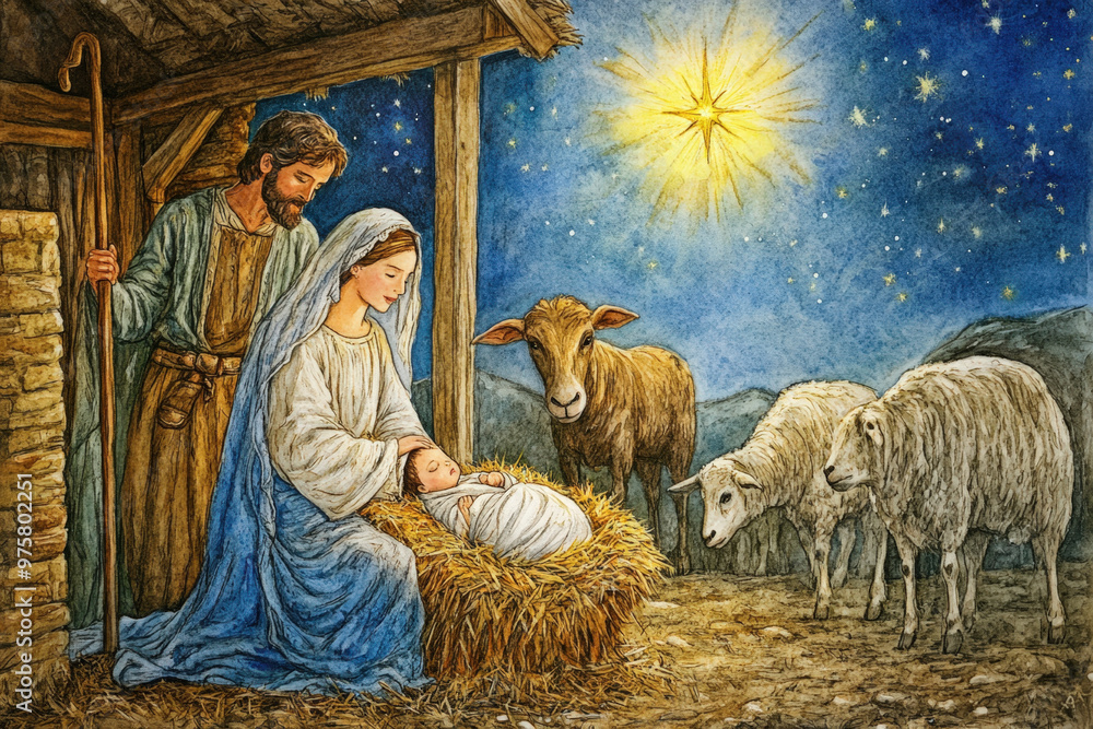 Watercolor painting of the holy family watching over baby jesus in a ...
