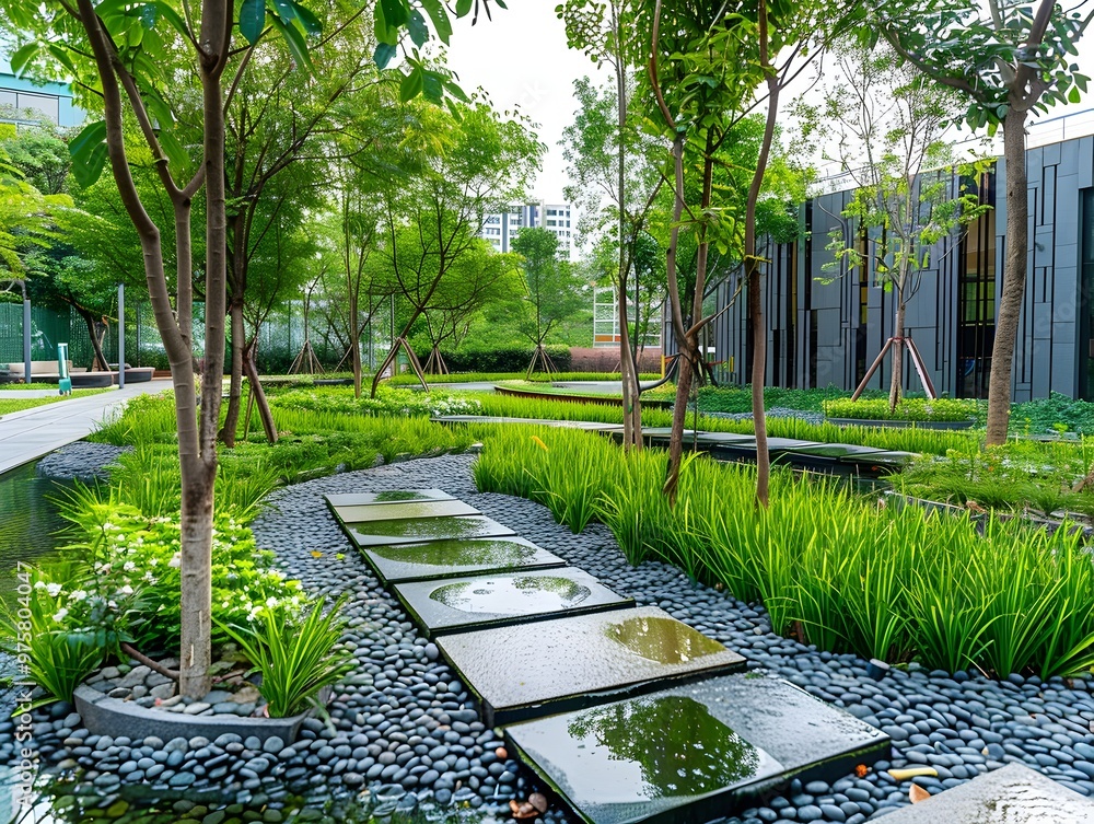 Lush Urban Green Space with Climate Resilient Landscaping and Rainwater ...