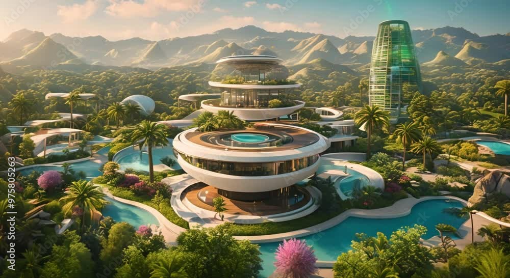 Scene depicting an AI controlled utopia, emphasizing a bright and ...