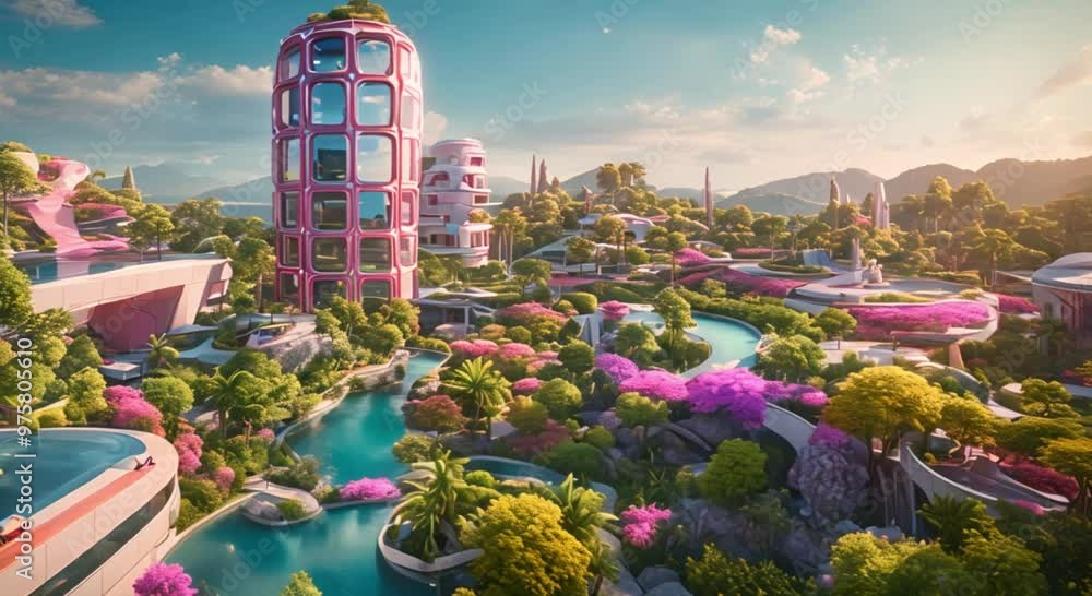 Scene depicting an AI controlled utopia, emphasizing a bright and ...