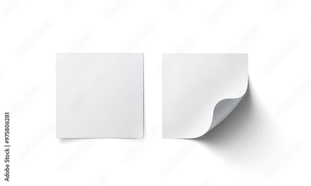 Blank white square adhesive stickers mock up with curved corner. Empty ...