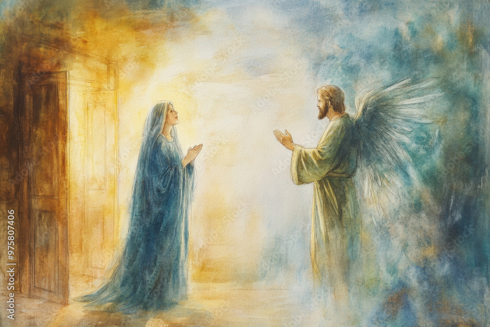 Watercolor painting of the annunciation with the angel gabriel ...