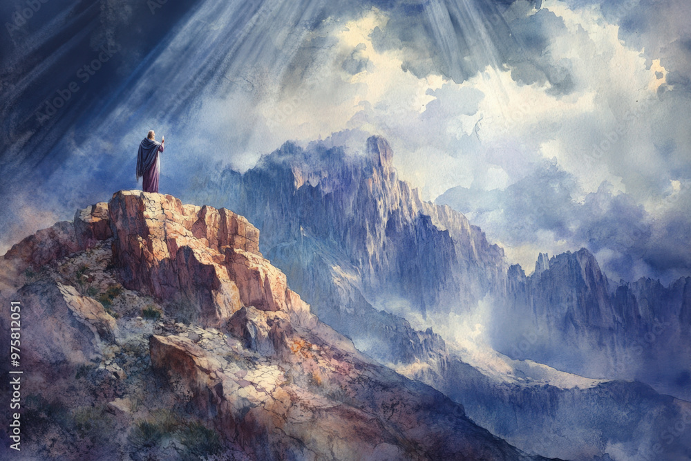 Watercolor painting of a prophet standing on a mountain top, receiving ...