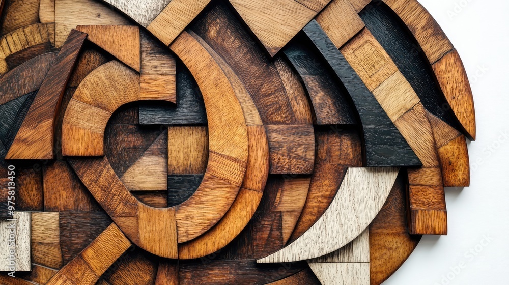 Intricately carved vibrant wood art with geometric shapes and dynamic ...