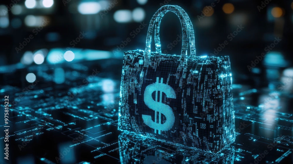 Futuristic digital bag with dollar sign, overlaid with binary code to ...