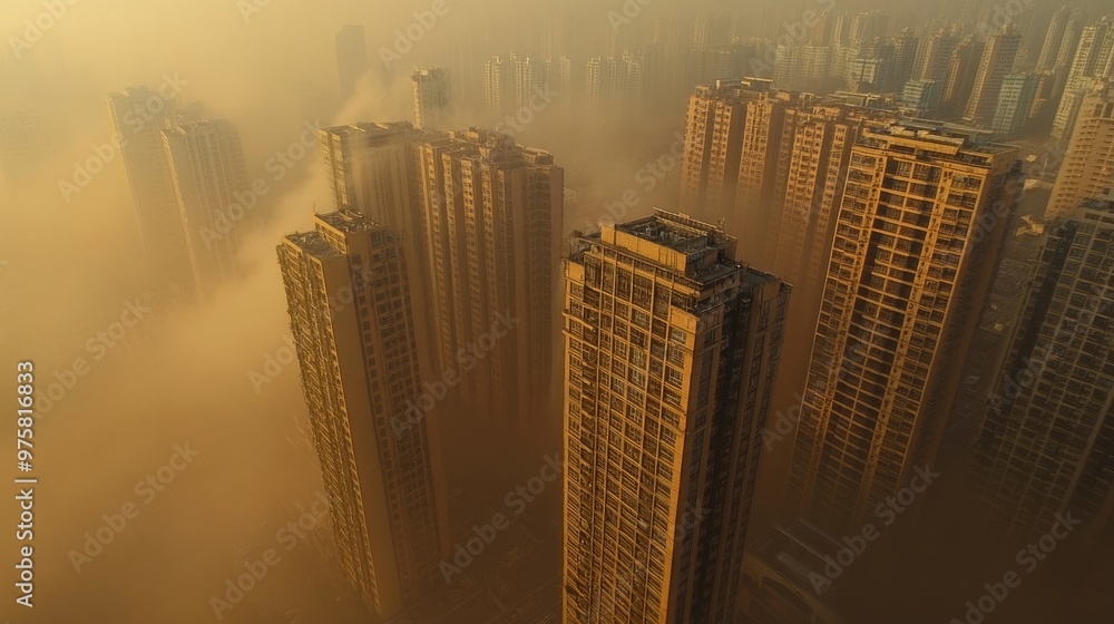 Tall buildings blanketed in smog and dust, as an aerial view captures ...