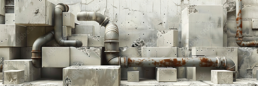 Industrial Chic: Concrete blocks and metal pipes are scattered across a ...