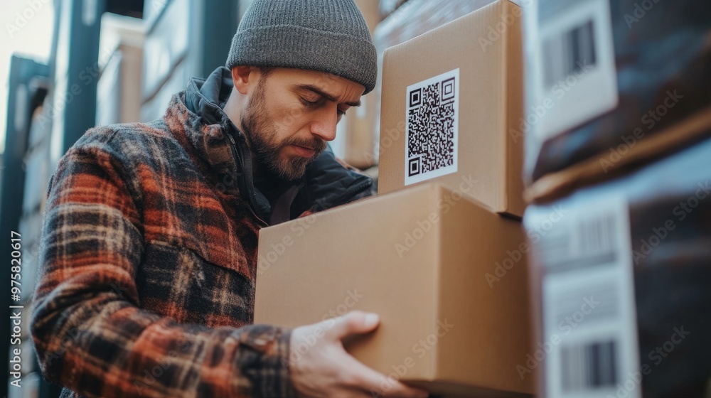 Courier scanning a QR code on a parcel delivery box before placing a ...