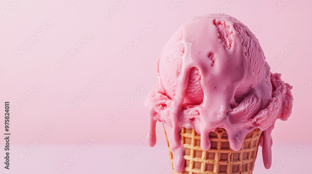 “Pink ice cream melting and spilling from a waffle cone onto a pastel ...