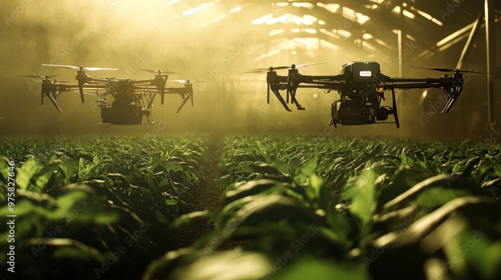 Two drones autonomously watering crops on a large farm, ensuring even ...