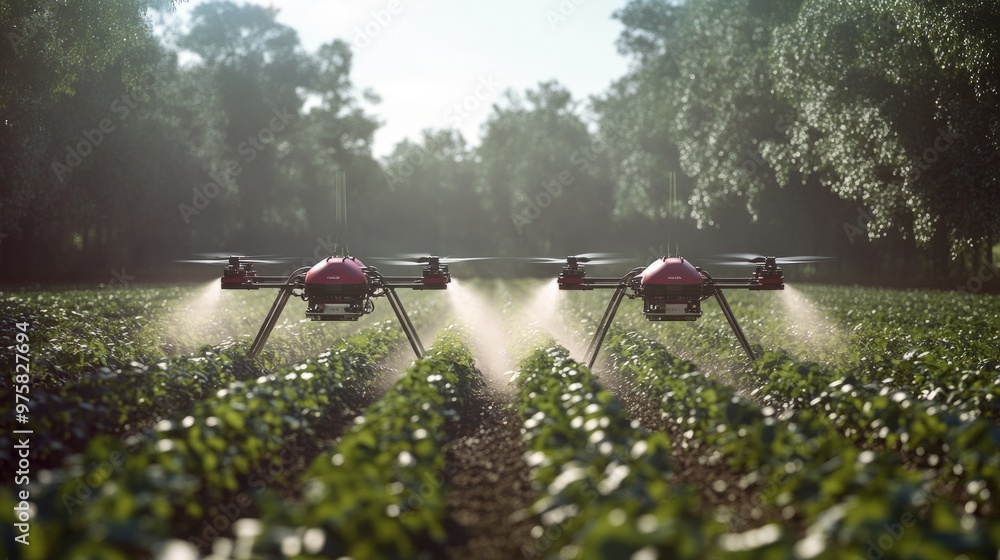 Two drones autonomously watering crops on a large farm, ensuring even ...