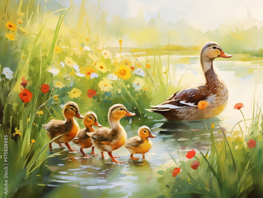 Delightful painting of duck mother guiding her five ducklings through ...
