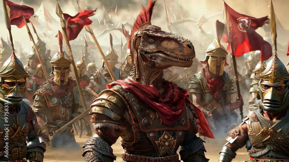A fierce dinosaur in Roman-style armor leads a battalion of armored ...