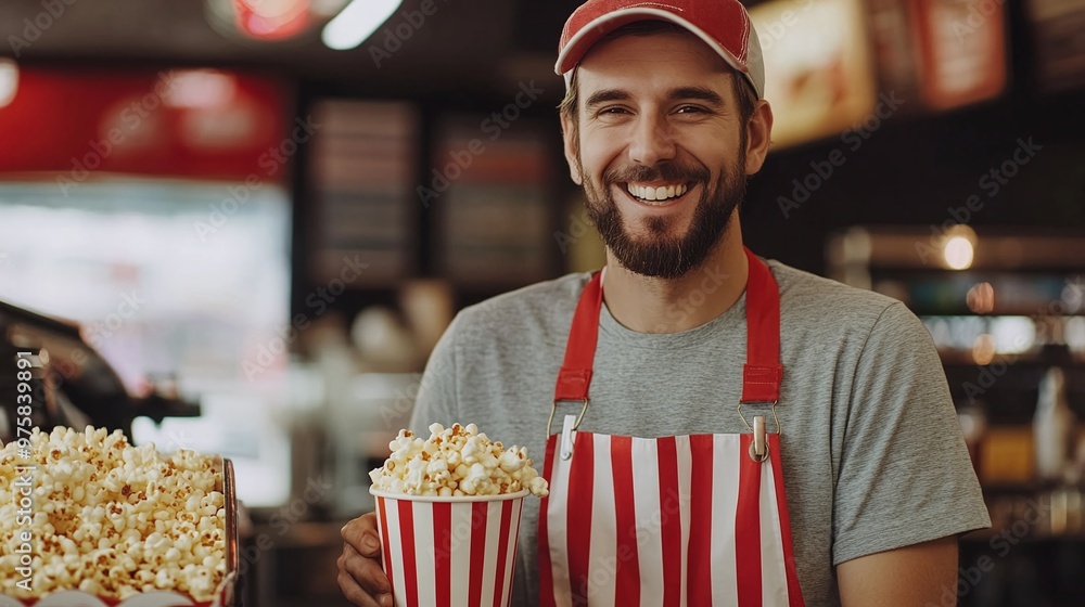 cinema concession stand scene with cheerful worker selling popcorn and ...