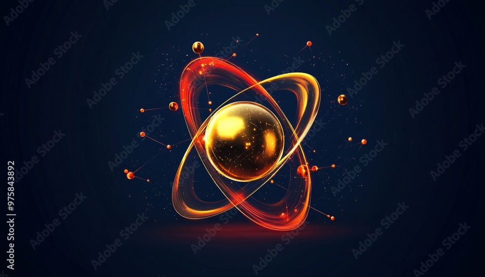 Stylized atomic model featuring a golden nucleus and swirling electrons ...