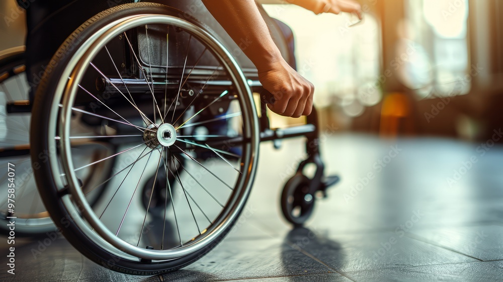 The wheels of a wheelchair turn smoothly across the floor as a ...