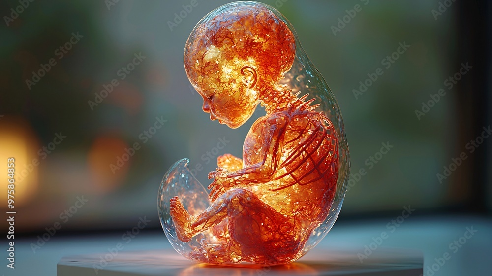 Render a 3D model of a fetus in the second trimester, showing the ...
