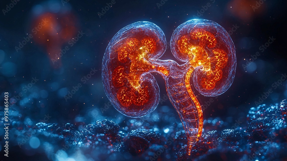 Render a 3D image showing the growth of the fetal kidneys and urinary ...