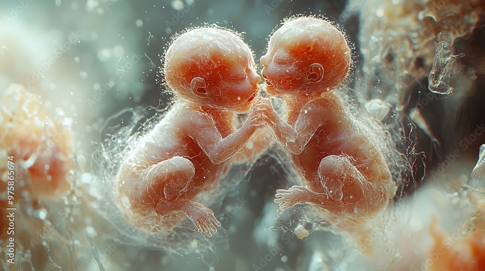 Show a 3D representation of twins developing in the womb, sharing space ...