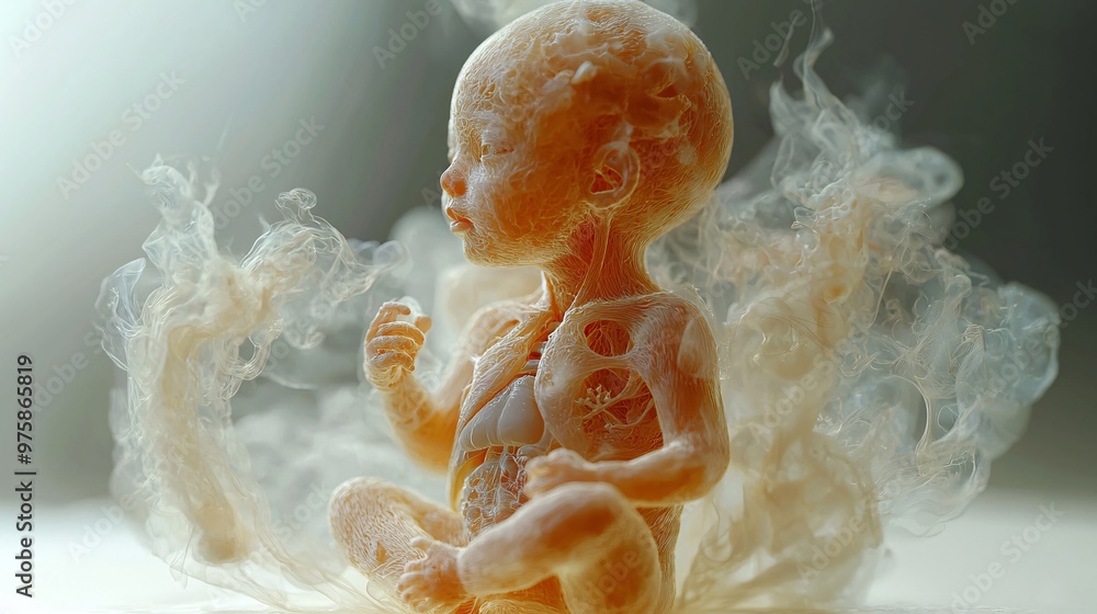 Render a 3D model of a fetus at 24 weeks, focusing on the growth of ...