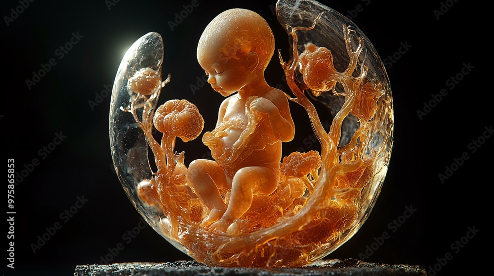Develop a 3D image of a fetus in utero, showing the connection with the ...