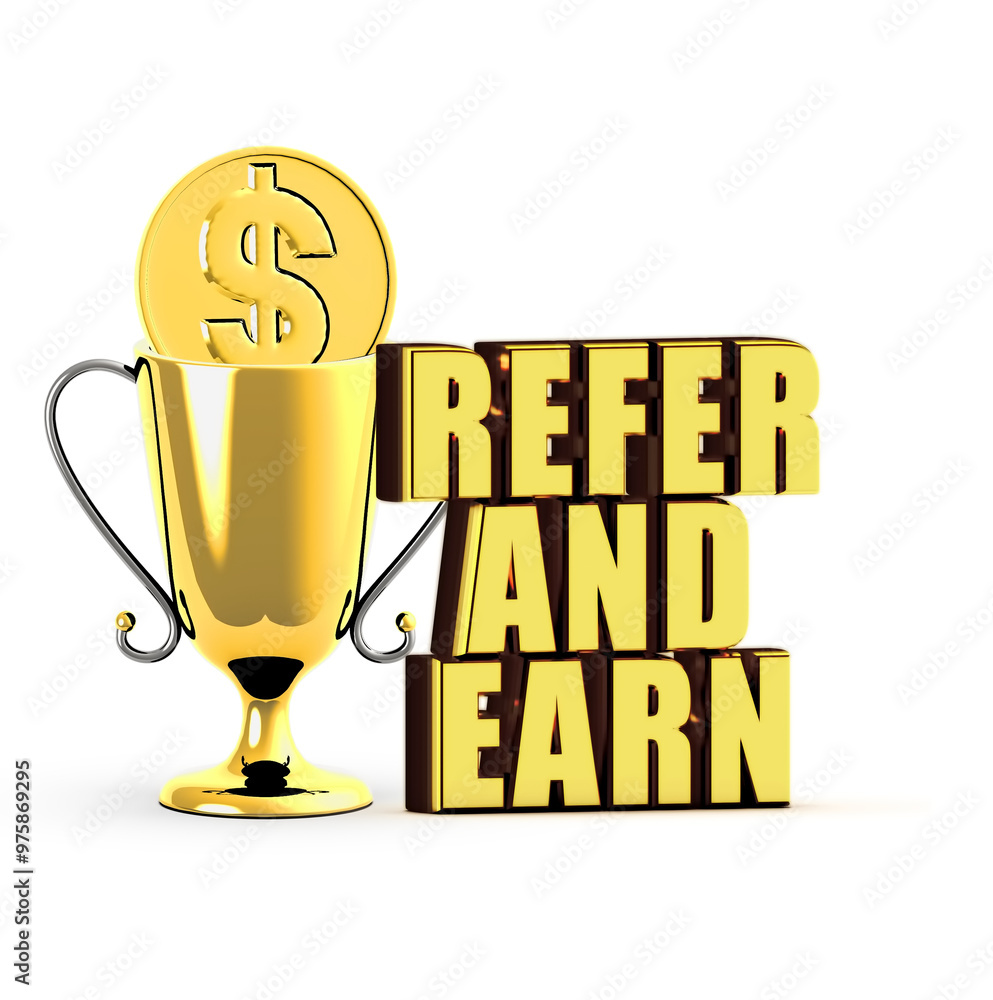 3d golden dollar coin inside a trophy and refer and earn concept Stock ...