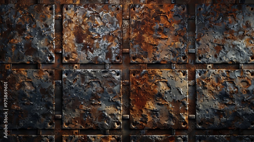 Textured metal wall panels exhibiting rust and wear in an industrial ...