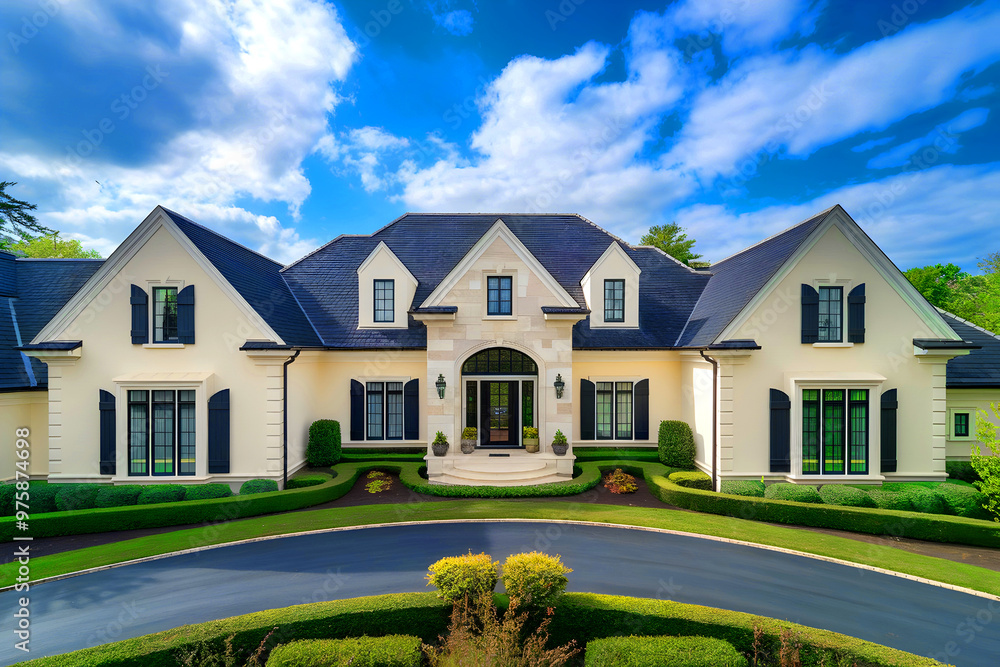 Big estate house with three car garage on lush green grass landscaping ...