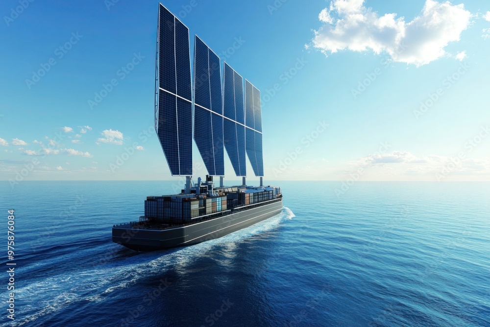 A modern, zero-emission cargo ship sailing across the ocean with solar ...