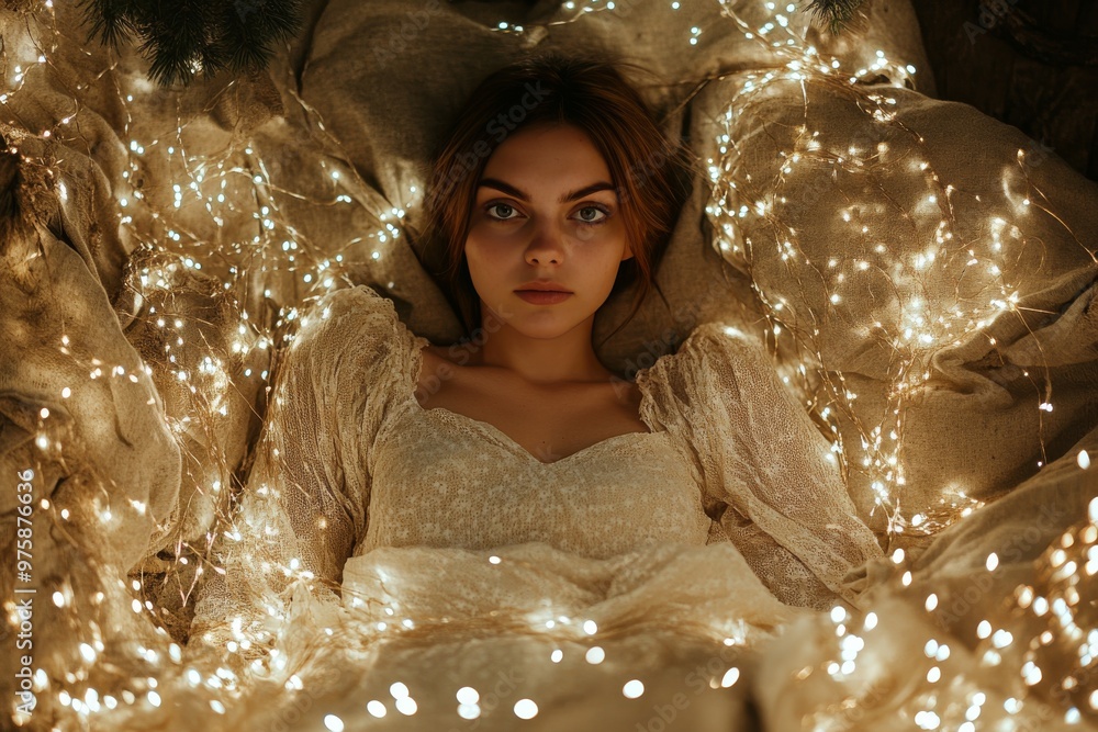 Woman lying in a dreamy glowing space surrounded by warm golden ...