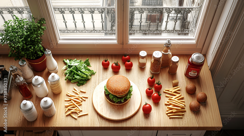 Top-down view of an American diner-style table with burger buns, beef ...