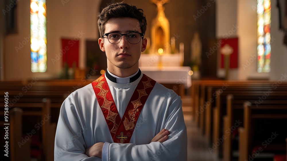 A modern portrait of a young Catholic priest, dressed in traditional ...