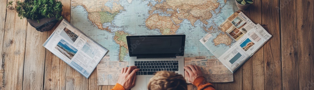 Aerial view of a person working on a laptop with a world map and travel ...
