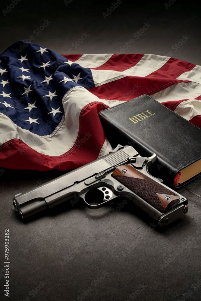 American flag, the Holy Bible and a Gun laying on a concrete surface ...