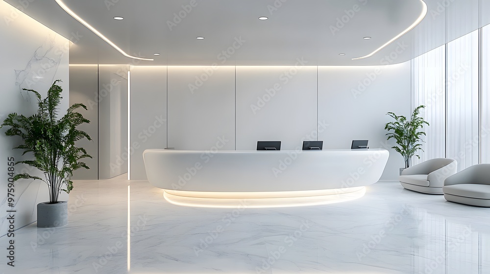 A modern reception area features an all-white interior with a curved ...