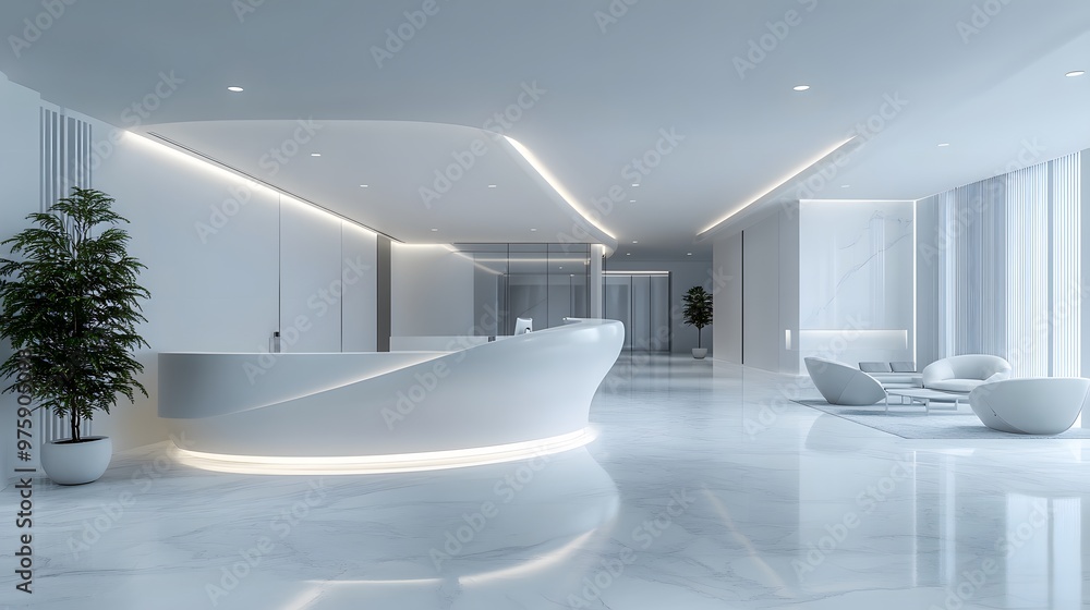 A modern reception area features an all-white interior with a curved ...