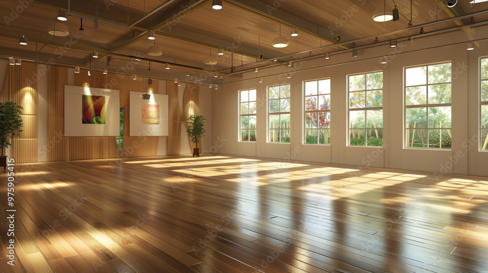 Ballet dancing studio features polished wooden floors, tall windows ...