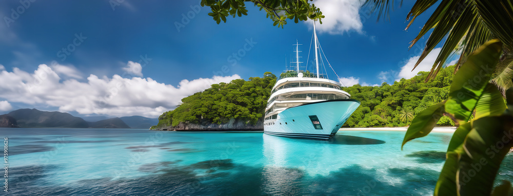 Large luxury yacht anchored near a scenic tropical island with clear ...