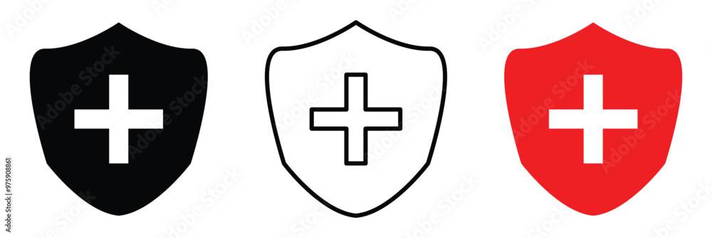 Health protection shield icon with medical cross and safety symbol ...