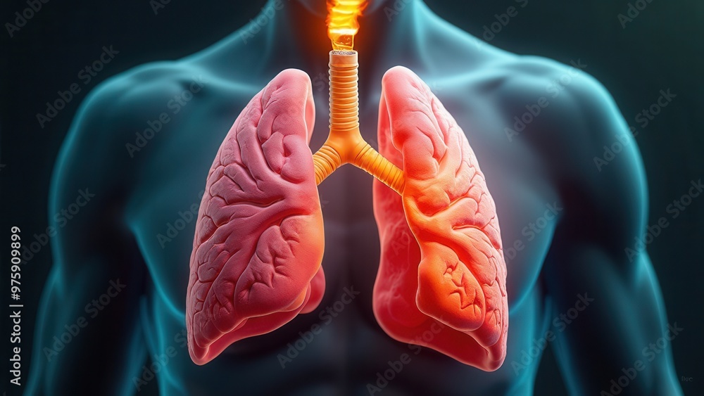 A detailed illustration showing the human respiratory system focusing ...