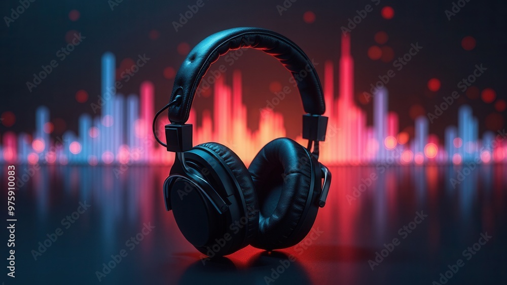 This image shows a pair of sleek black over-ear headphones, prominently ...
