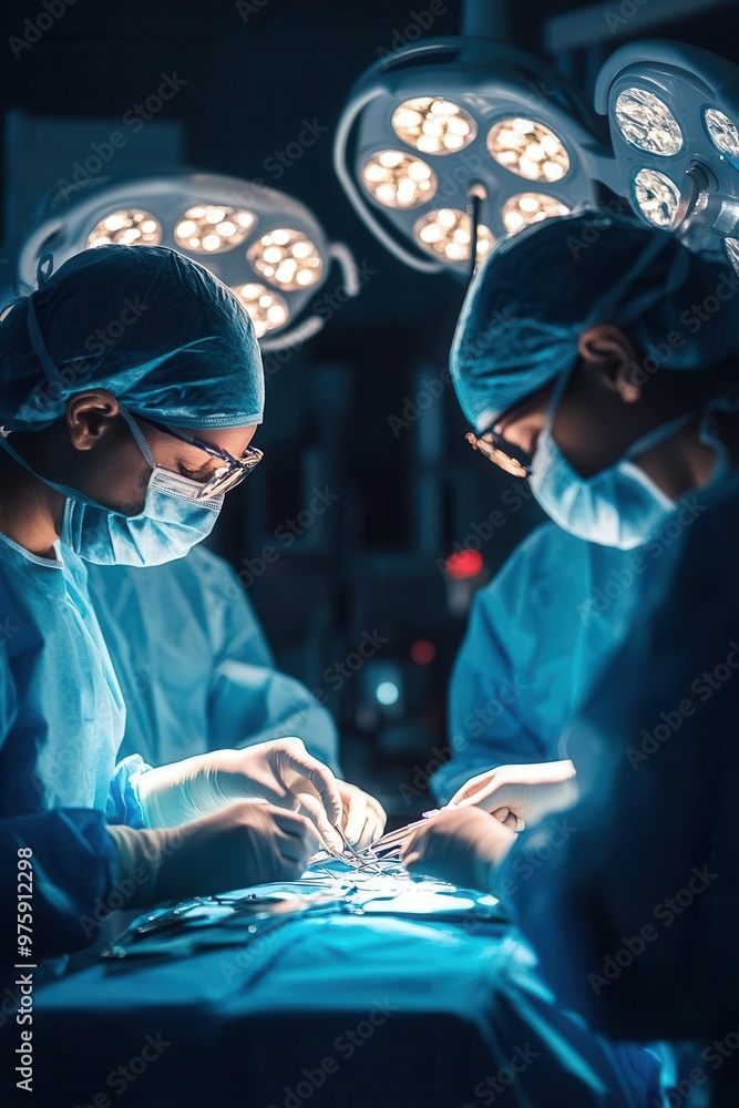 Medical operation in progress with focused surgeons side view soft ...