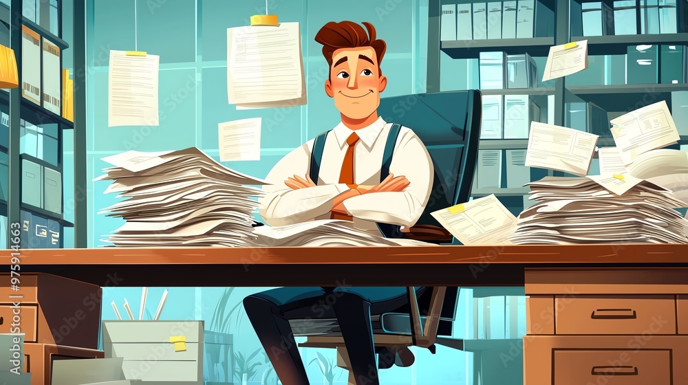 Cartoon businessman smiling at his cluttered desk full of paperwork in ...