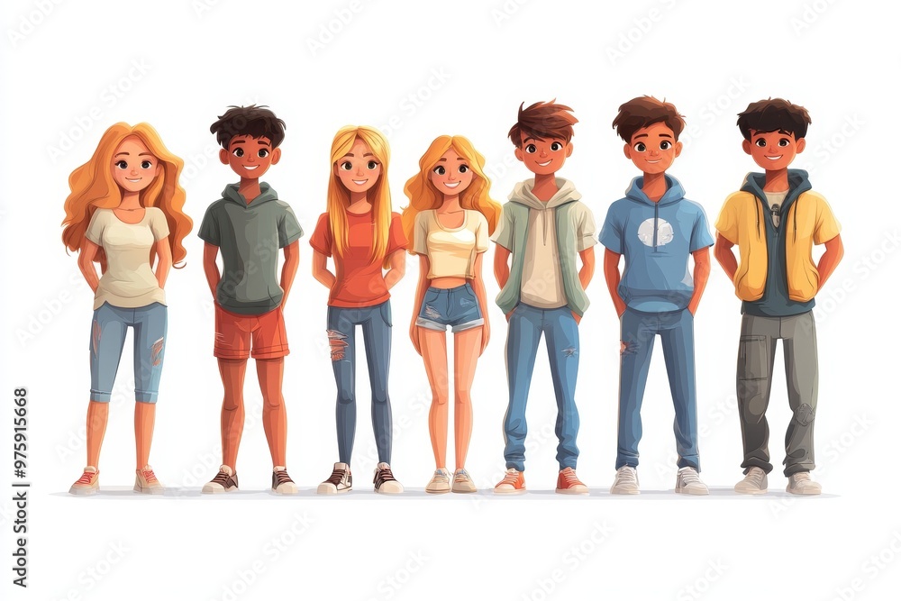 illustrations, group of smiling friends standing together. Set Fashion ...
